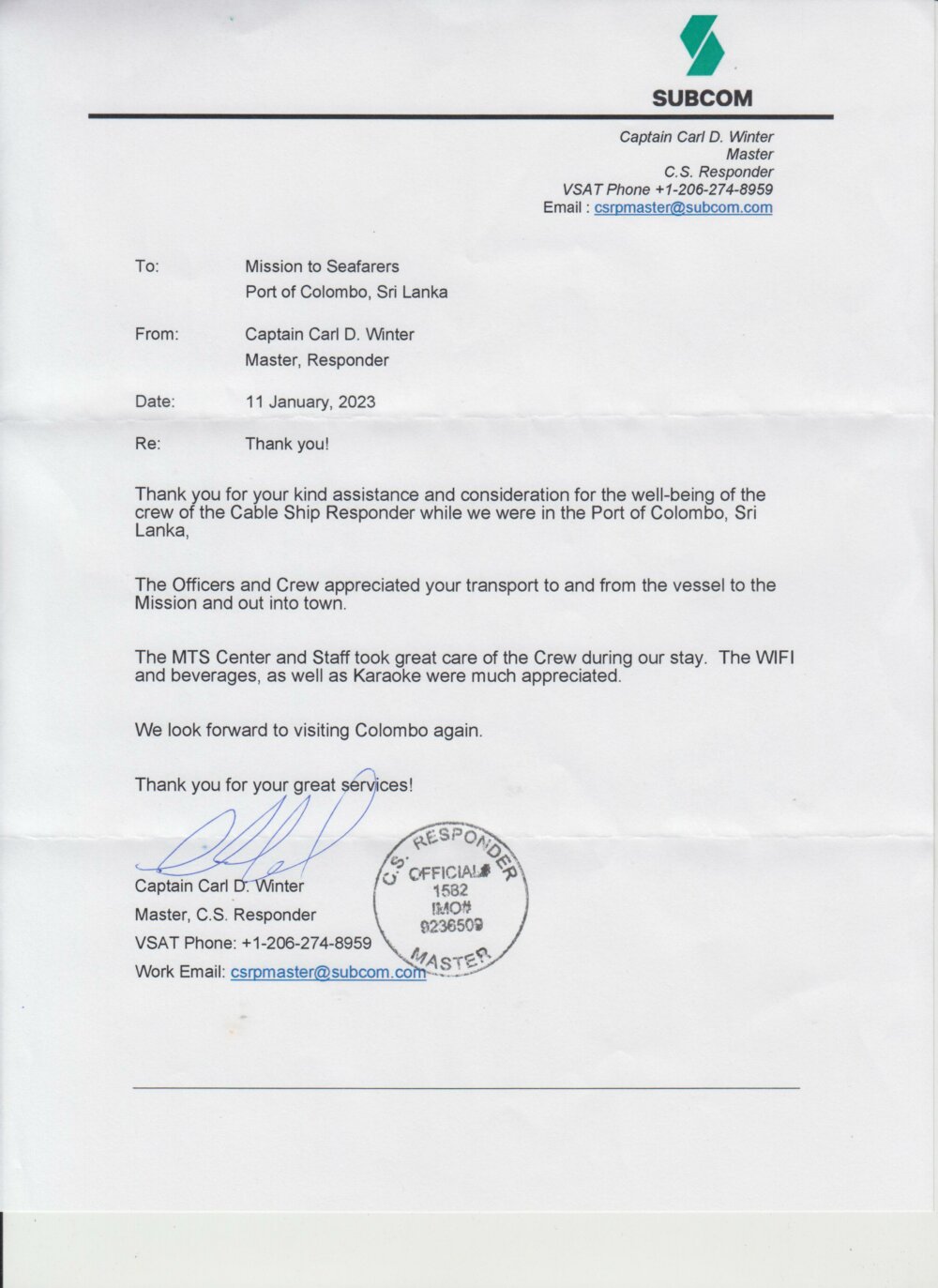 Bon Voyage Captain and crew of the Cable Layer vessel MV Responder ...